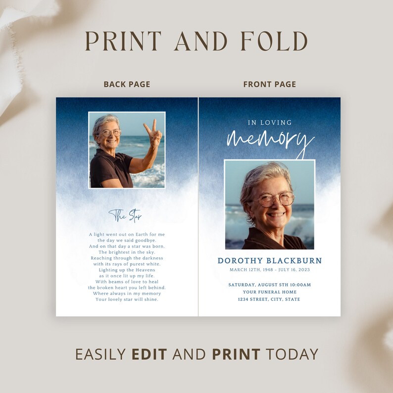 Editable Funeral Program Template, Beach Funeral Service, Watercolor ...