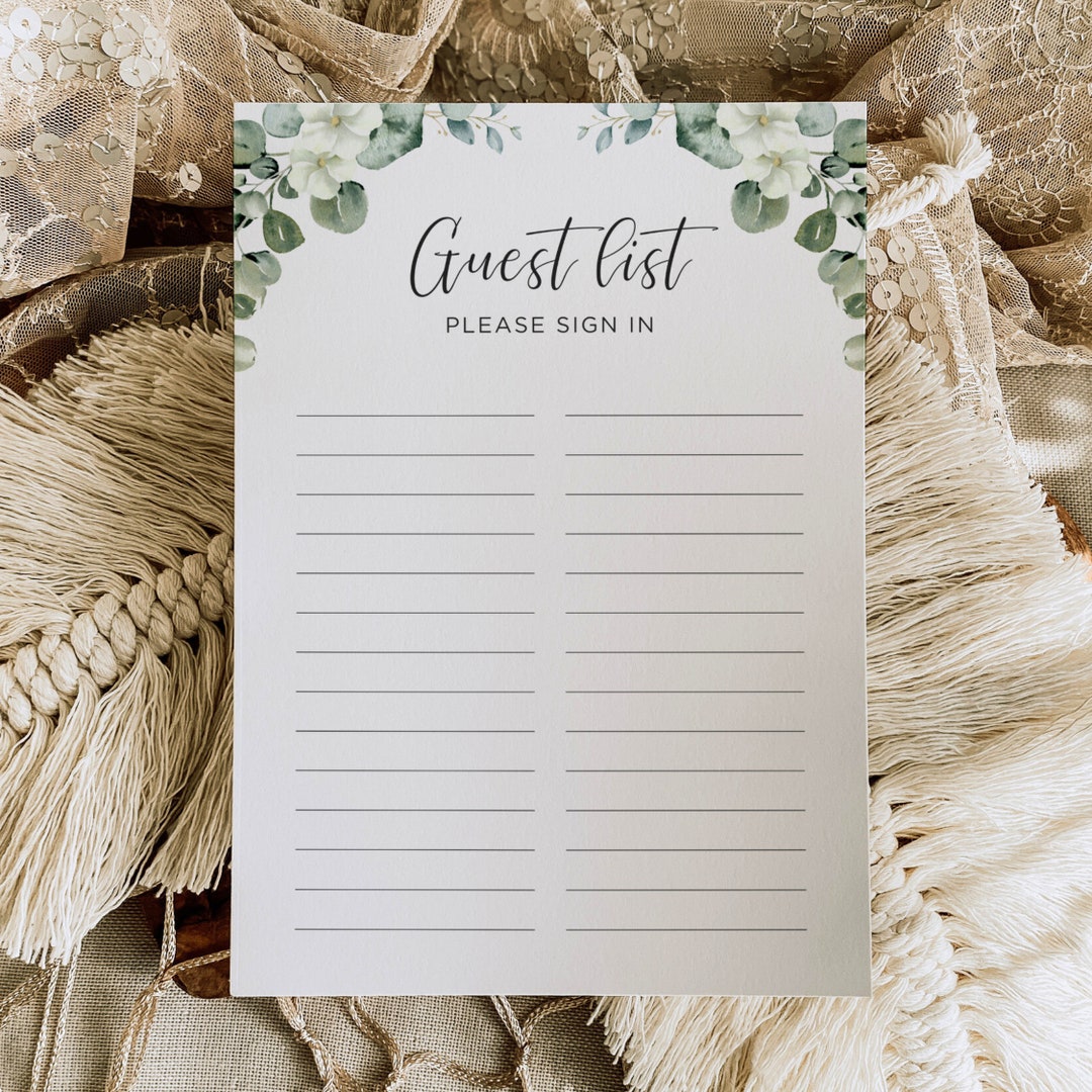 Wedding Guest List, Printable Sign in Sheet, Greenery Sign, Guest Book ...