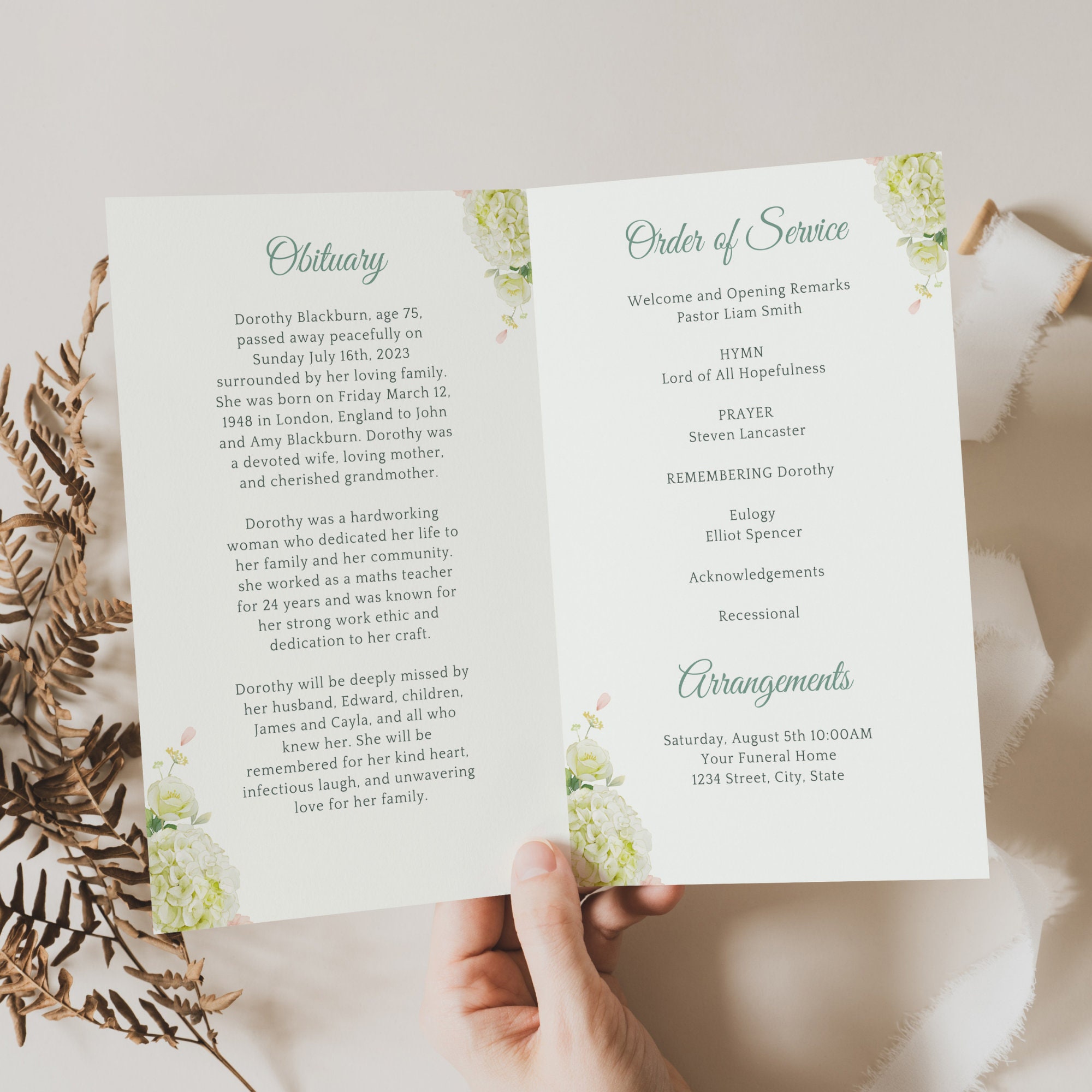 Floral Funeral Program Template, Elegant Funeral Program for Woman ...