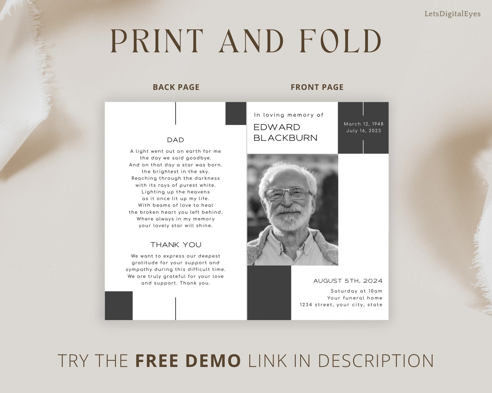 Funeral Program Template for Man With Photo Masculine Order - Etsy