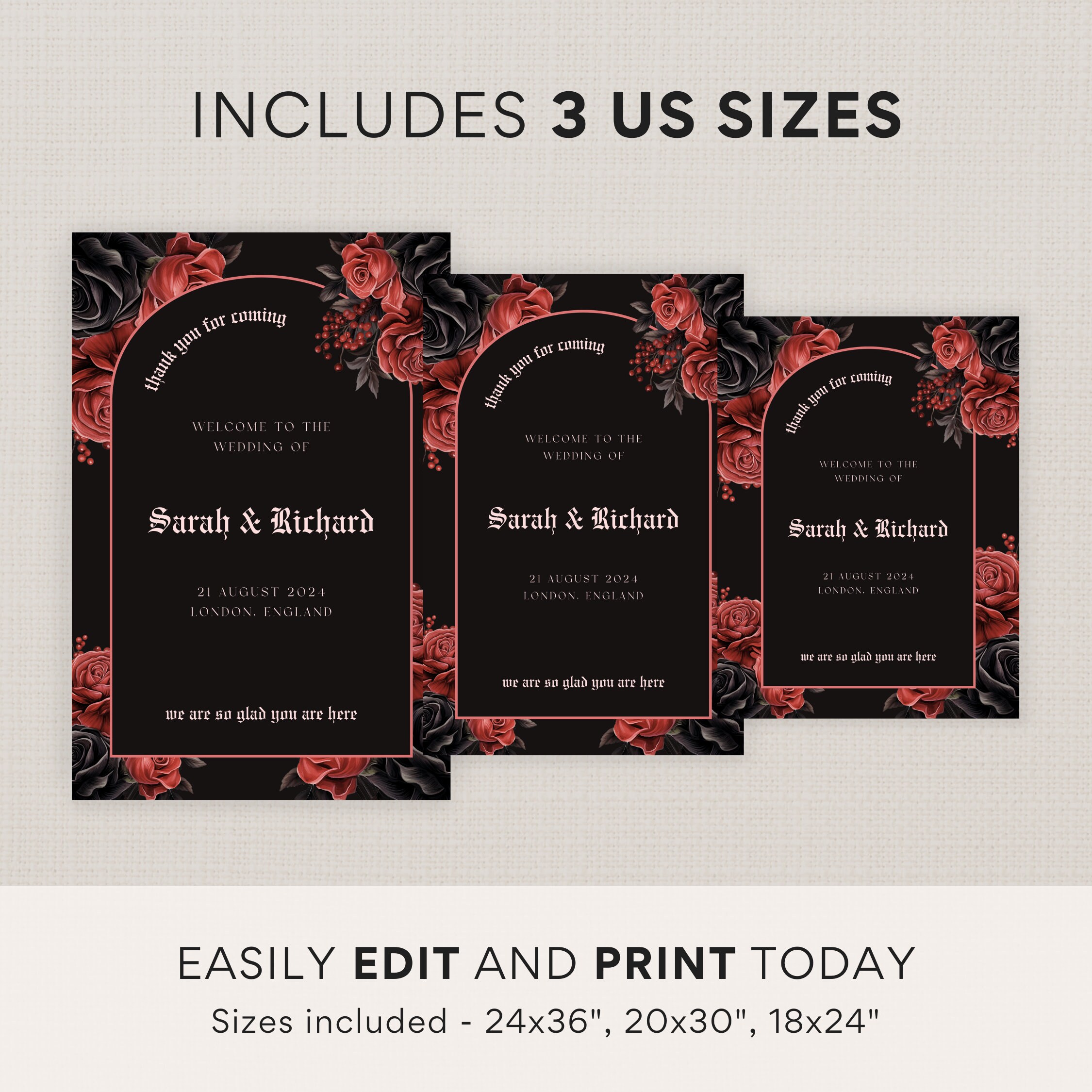 Gothic Wedding Welcome Sign, Halloween Reception Signage, Red Roses ...