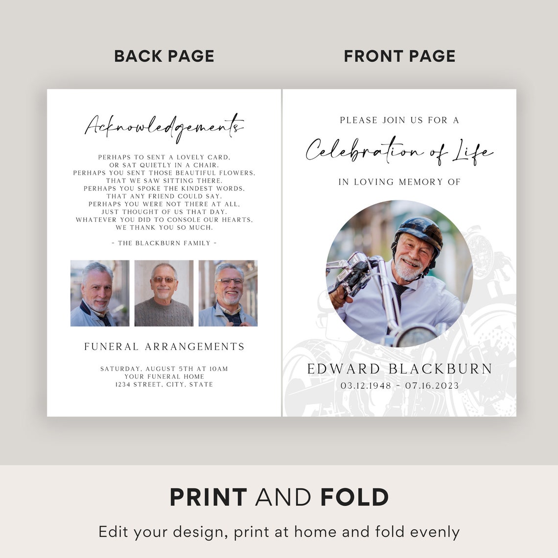 Motorcycle Funeral Program Template for Man, Folded Celebration of Life ...