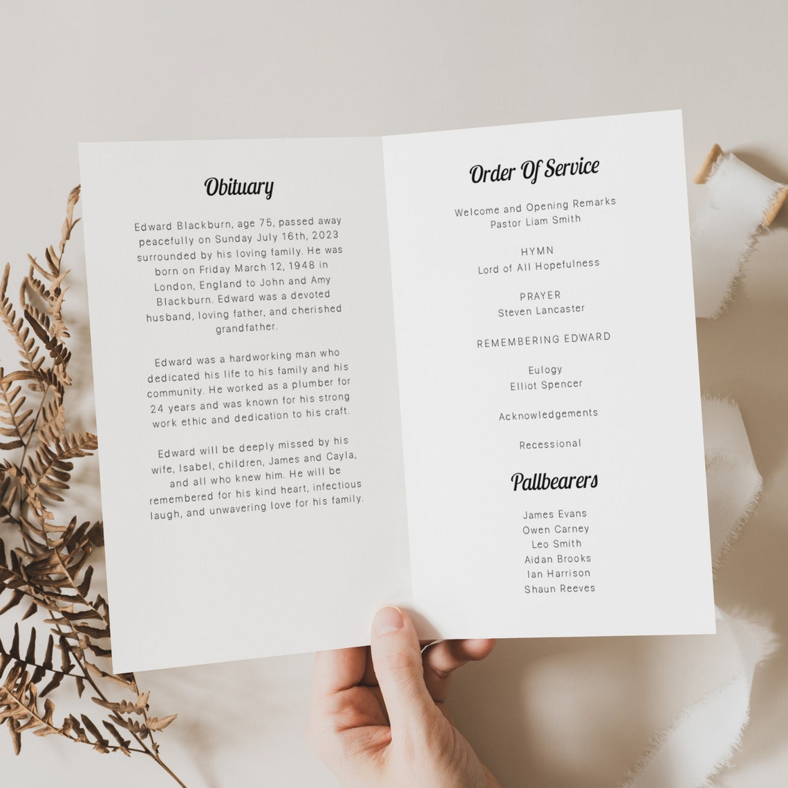 Basic Funeral Program Template Simple Memorial Service Minimalist ...