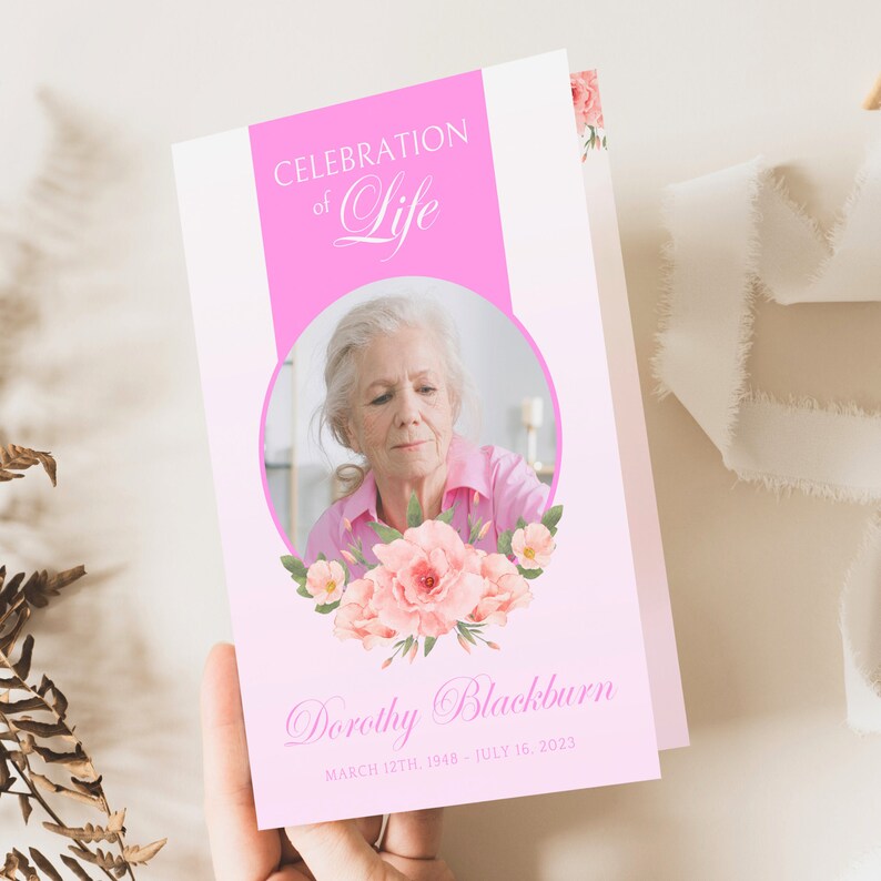 Pink Funeral Program Template for Woman, Memorial Program, Obituary ...