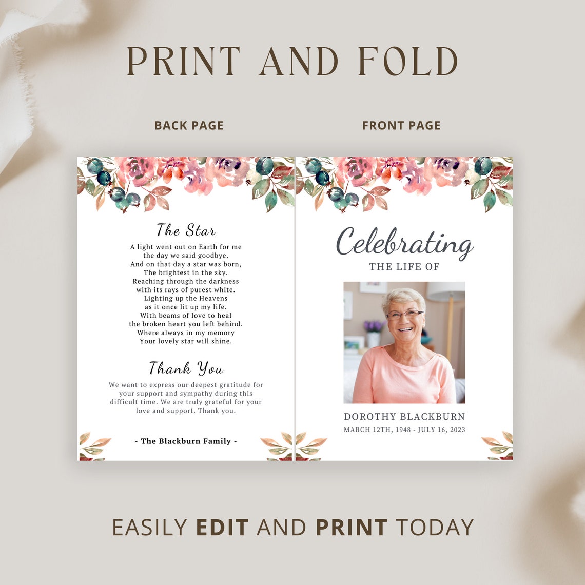 Floral Funeral Program for Woman, Greenery Template, Order of Service ...