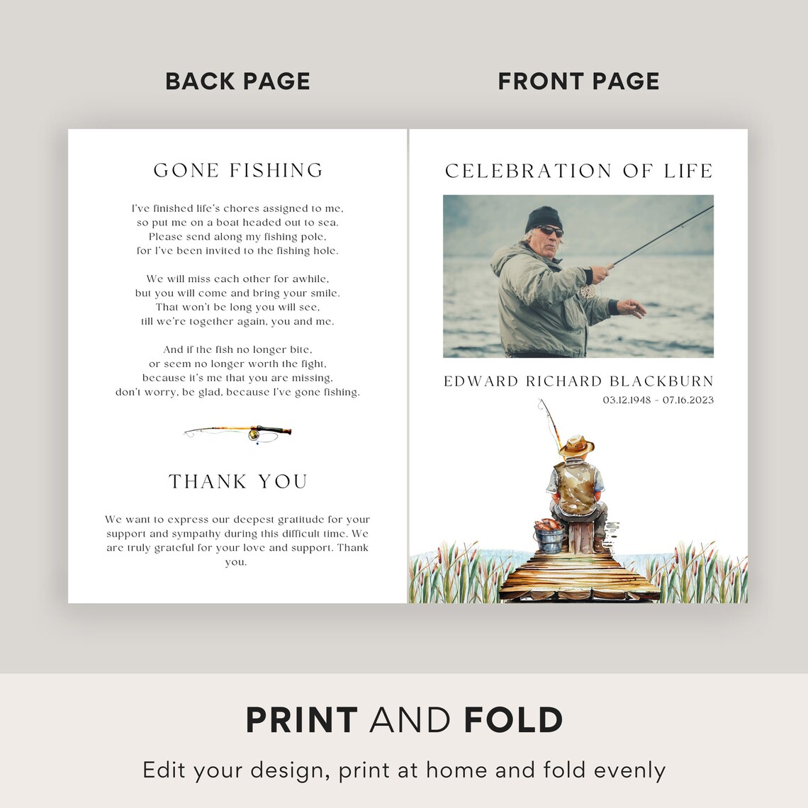Gone Fishing Funeral Program Template for Man, Anglers Memorial Service ...
