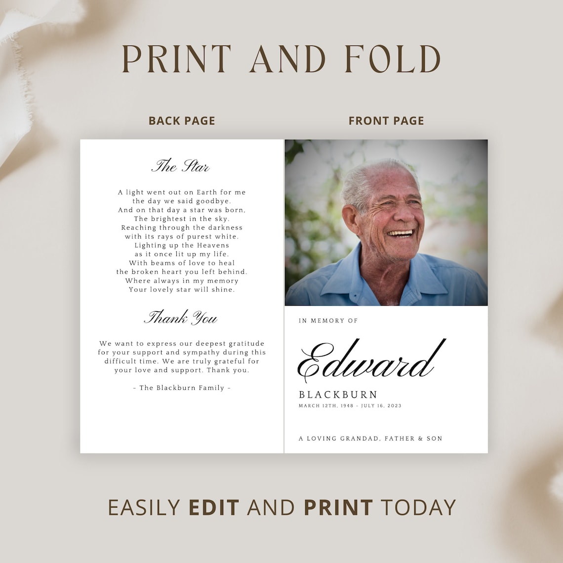 Masculine Funeral Program Template, Order of Service Booklet, Memorial ...