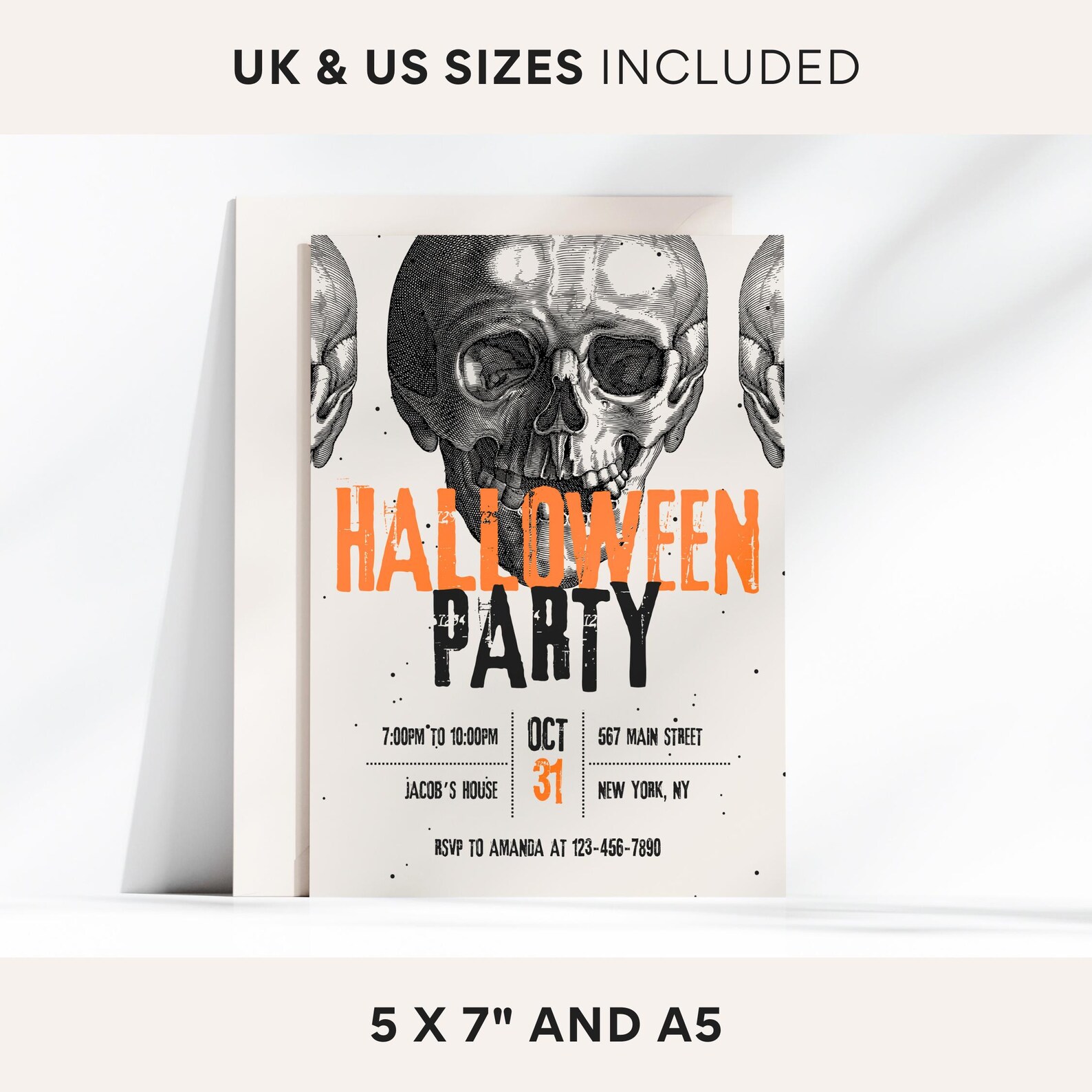 Vintage Skull Halloween Invitation Template, Editable Costume Party ...