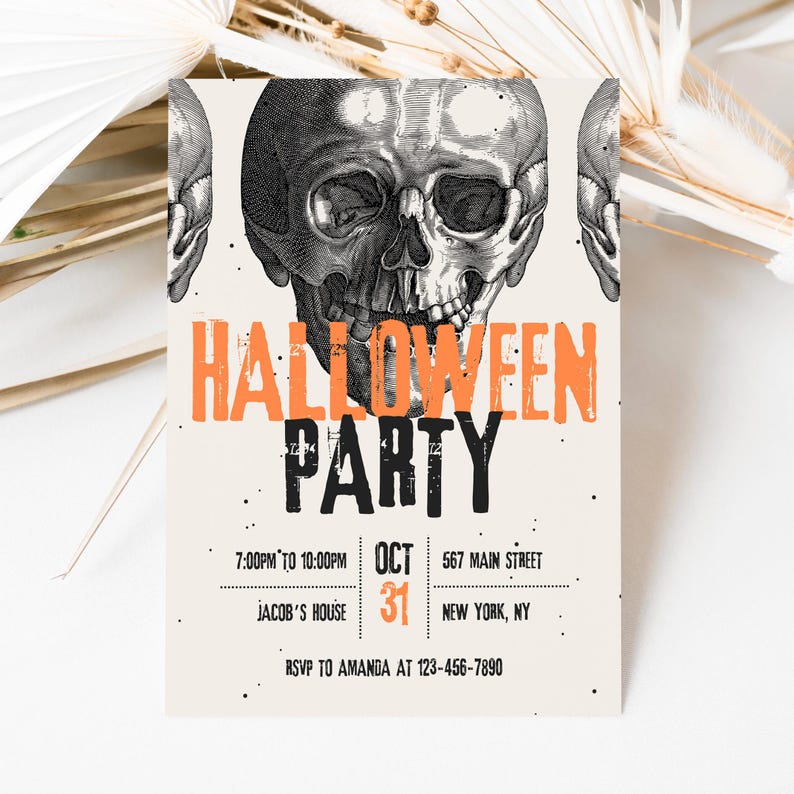 Vintage Skull Halloween Invitation Template, Editable Costume Party ...