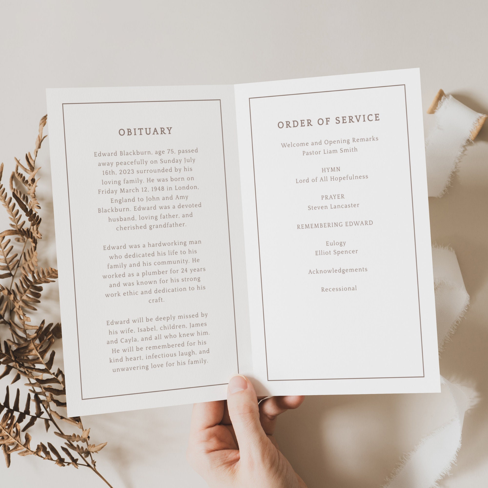 Rustic Funeral Program Template, Masculine Order of Service, Obituary ...