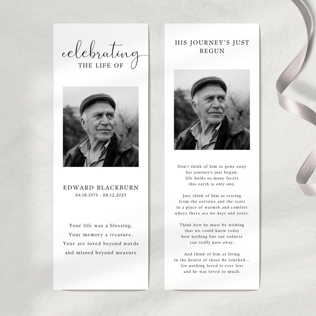 Memorial Bookmark Template, Minimal Funeral Bookmark, Double Sided ...