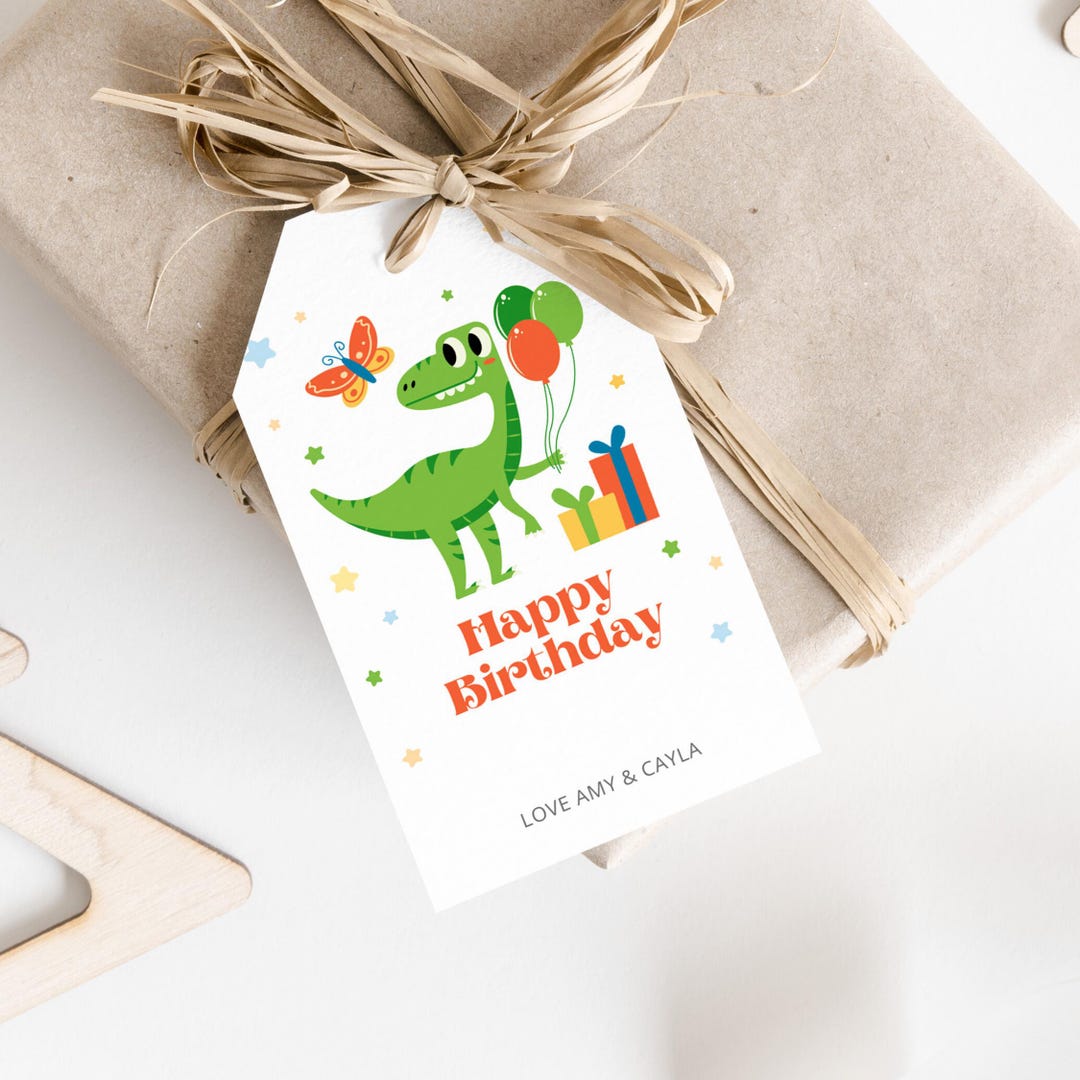 Dinosaur Happy Birthday Gift Tag Template, Boys Party Favors, Present ...