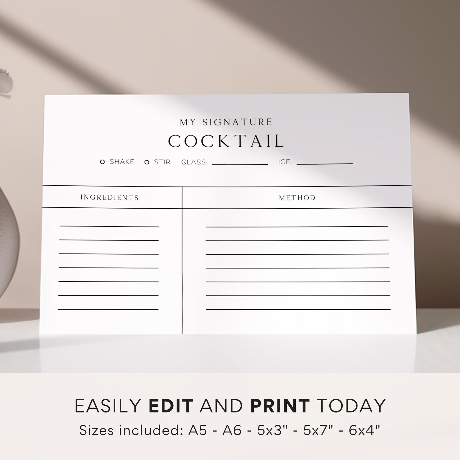 Signature Drinks Recipe Cards Template, Fillable Cocktail Method ...