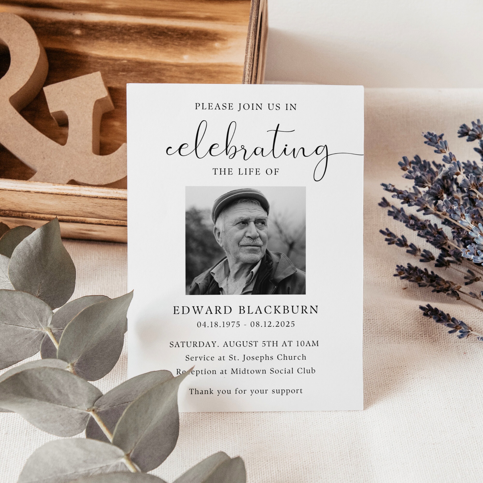 Minimal Funeral Invitation Card, Editable Memorial Announcement ...