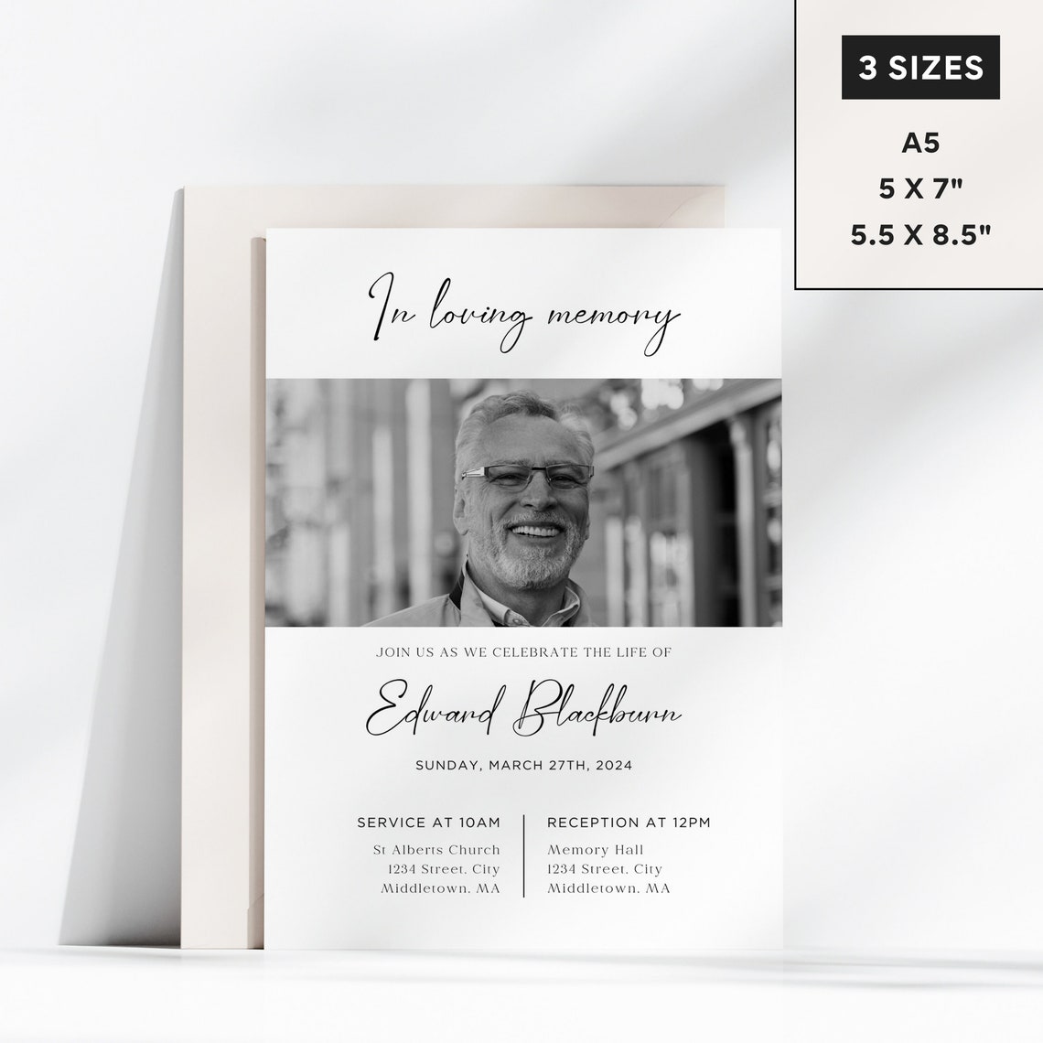 Minimal Funeral Announcement for Man, Memorial Invitation, Printable ...