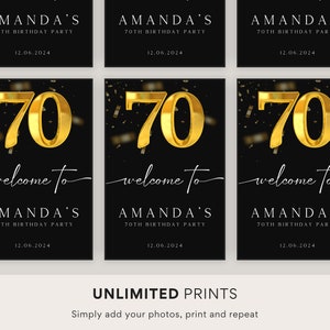 Gold 70th Birthday Welcome Sign, Modern Poster, Black and Gold Birthday ...