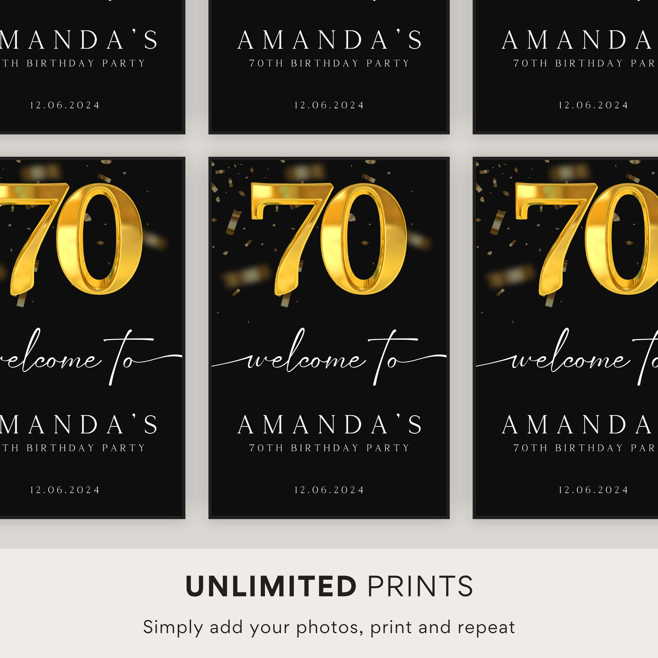 Gold 70th Birthday Welcome Sign, Modern Poster, Black and Gold Birthday ...