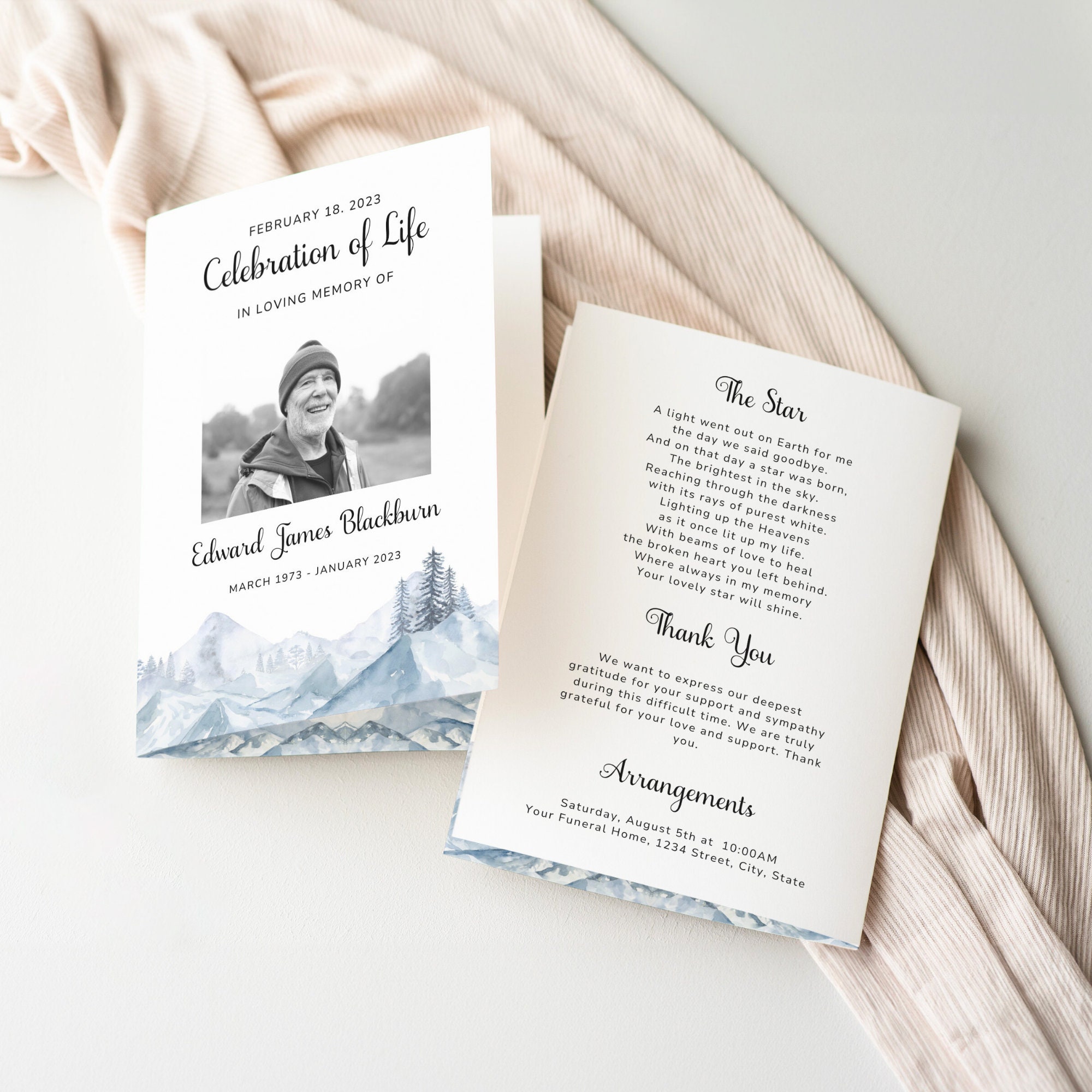 Funeral Program for Man, Obituary Template, Rustic, Outdoors, Mountain ...