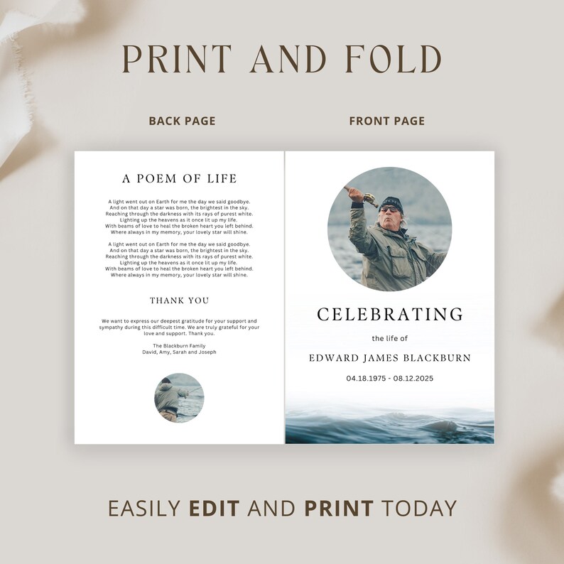 Fishing Funeral Program Template for Man, Blue Obituary Template ...