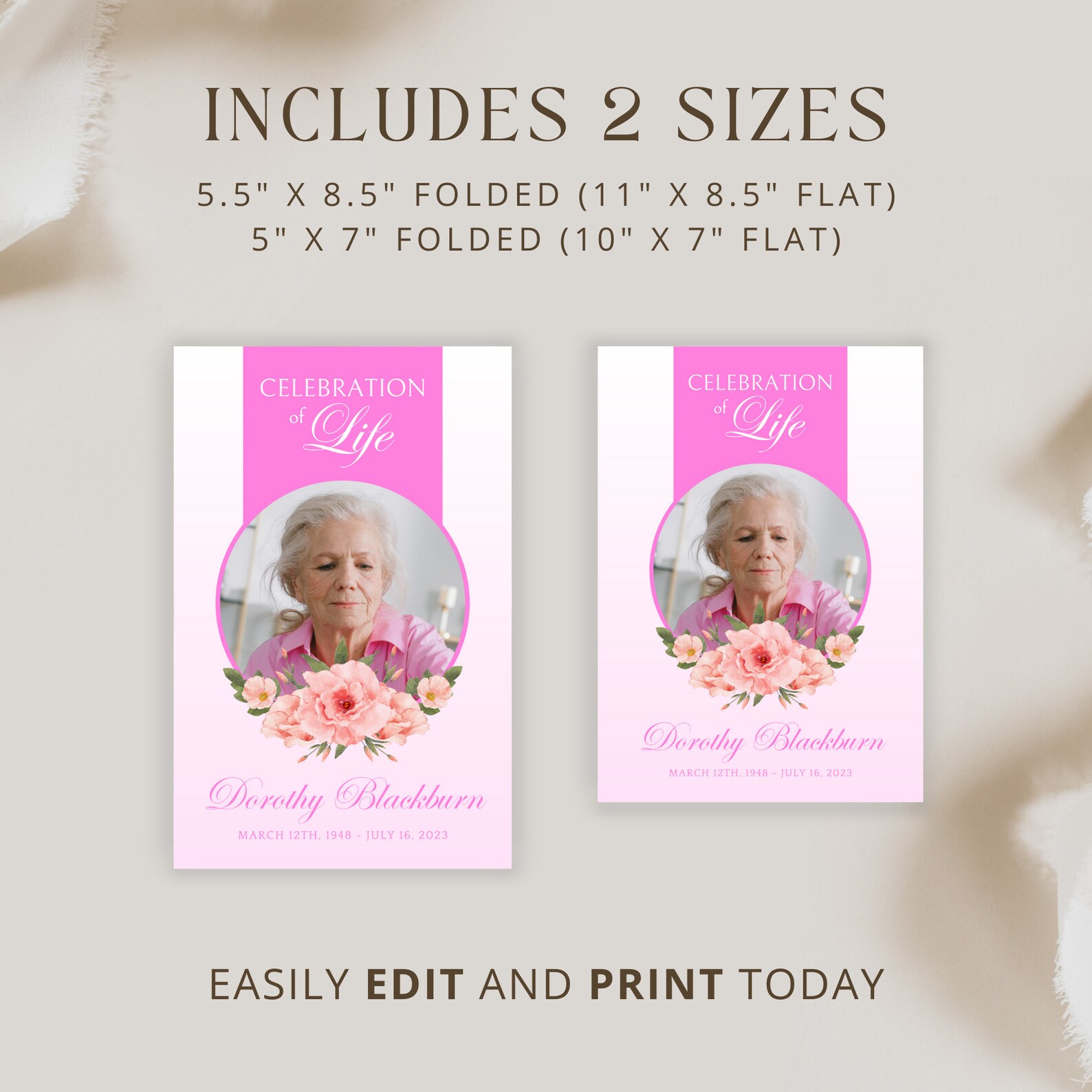 Pink Funeral Program Template for Woman, Memorial Program, Obituary ...