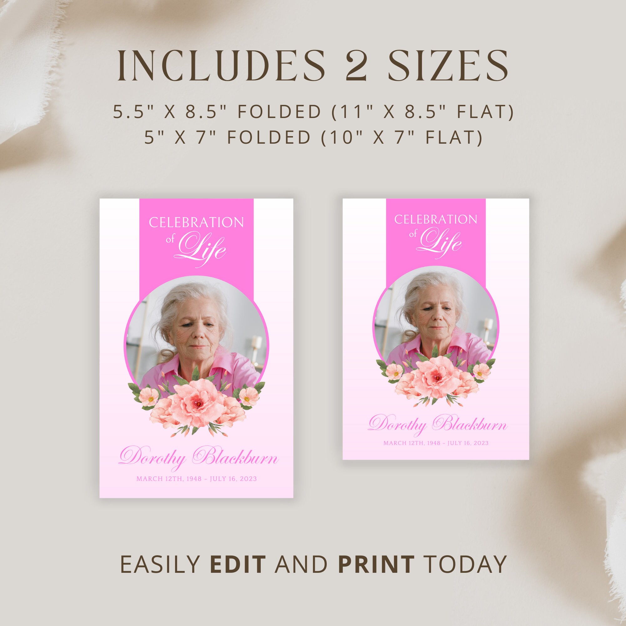 Pink Funeral Program Template for Woman, Memorial Program, Obituary ...