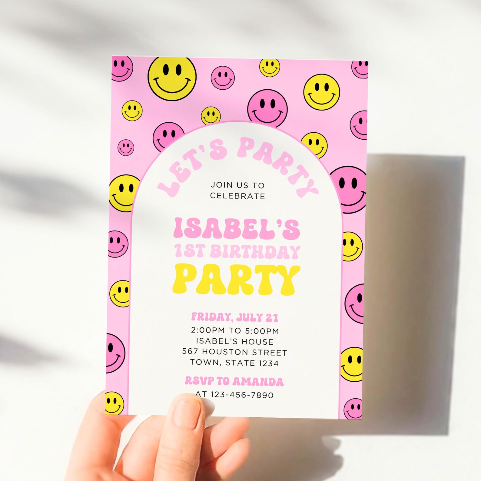 Smiley Face Birthday Party Invitation Template, Pastel Pink Invite ...