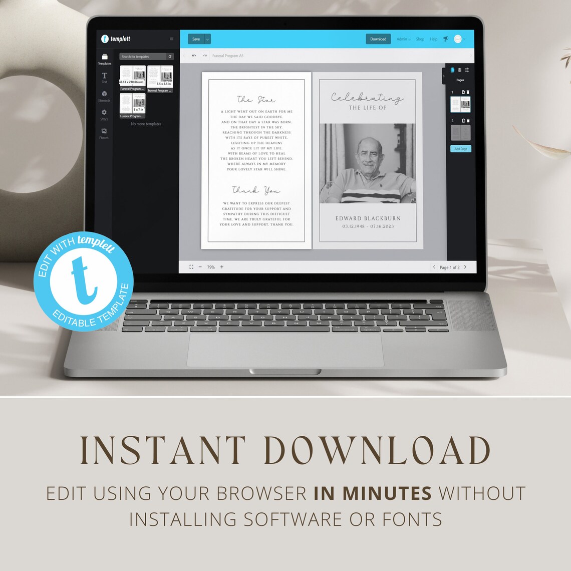 Minimal Obituary Template for Man, Simple Funeral Program, Masculine ...