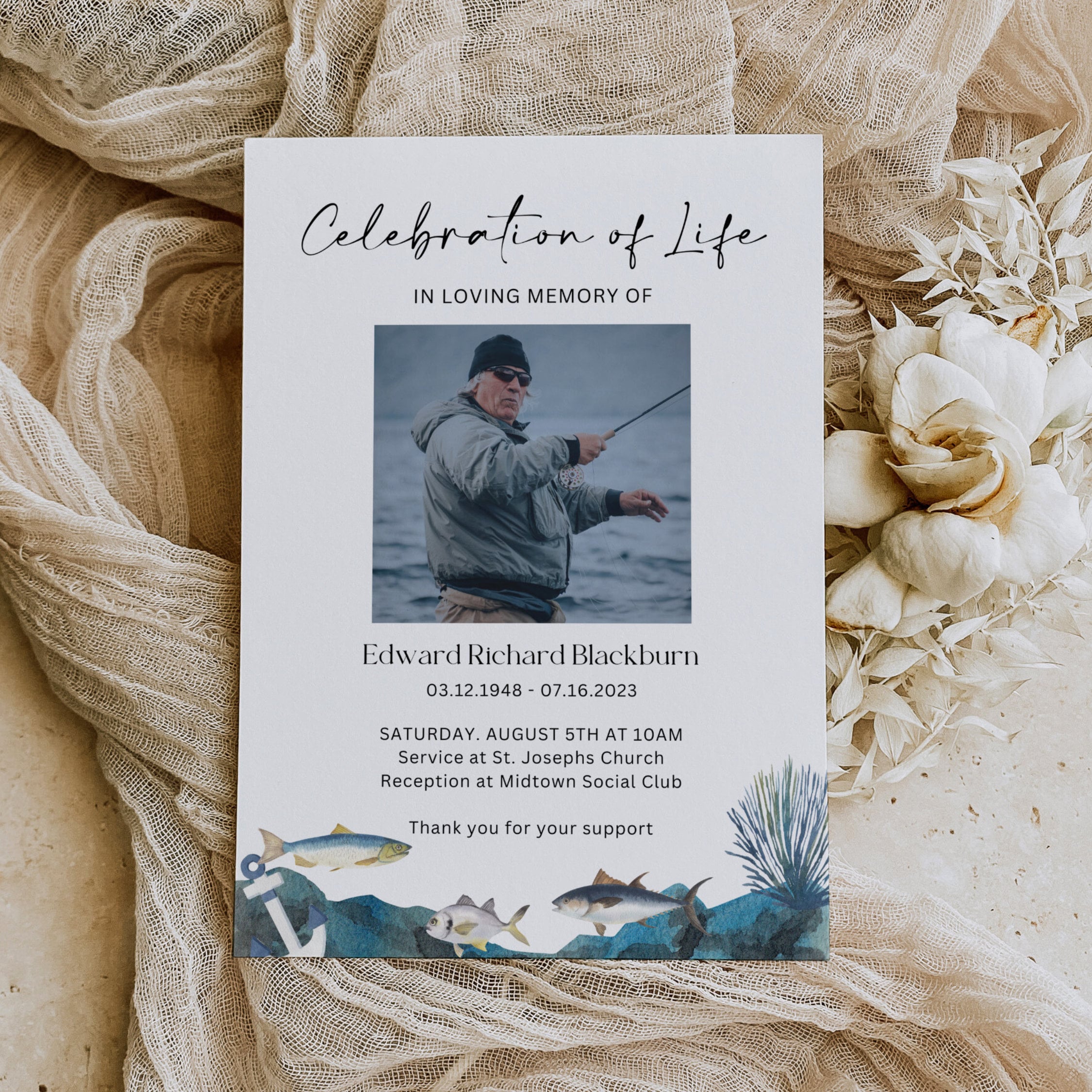 Fishing Funeral Announcement for Man, Outdoors Memorial Invitation ...