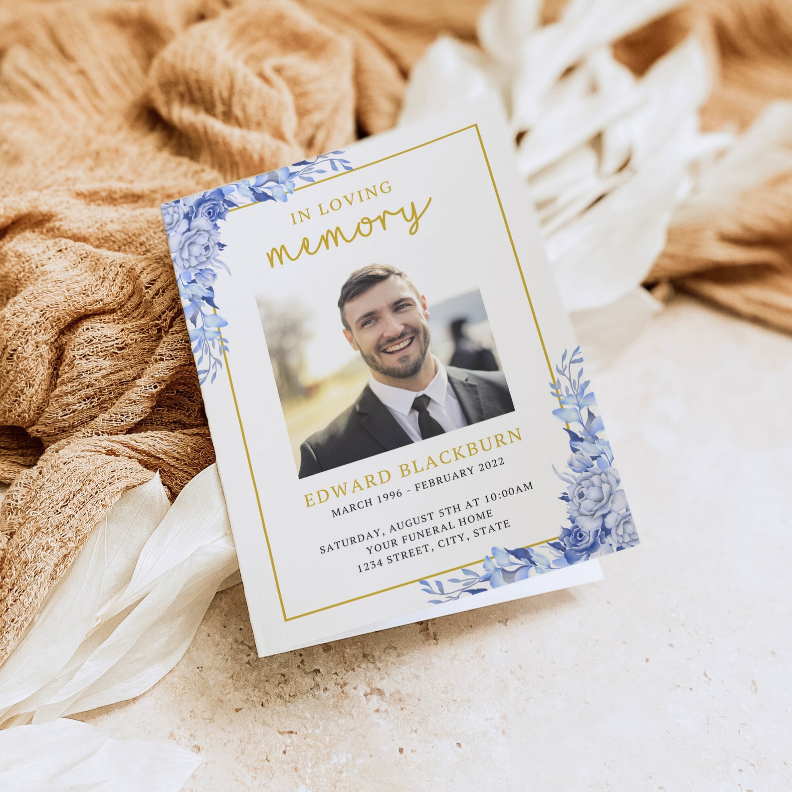 Blue Funeral Program Template for Man, Obituary Template, Order of ...