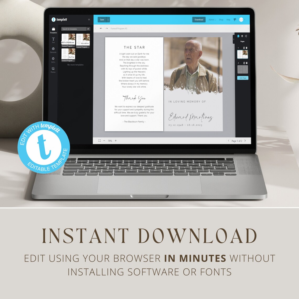 Editable Funeral Program Template in Loving Memory Printable Obituary ...