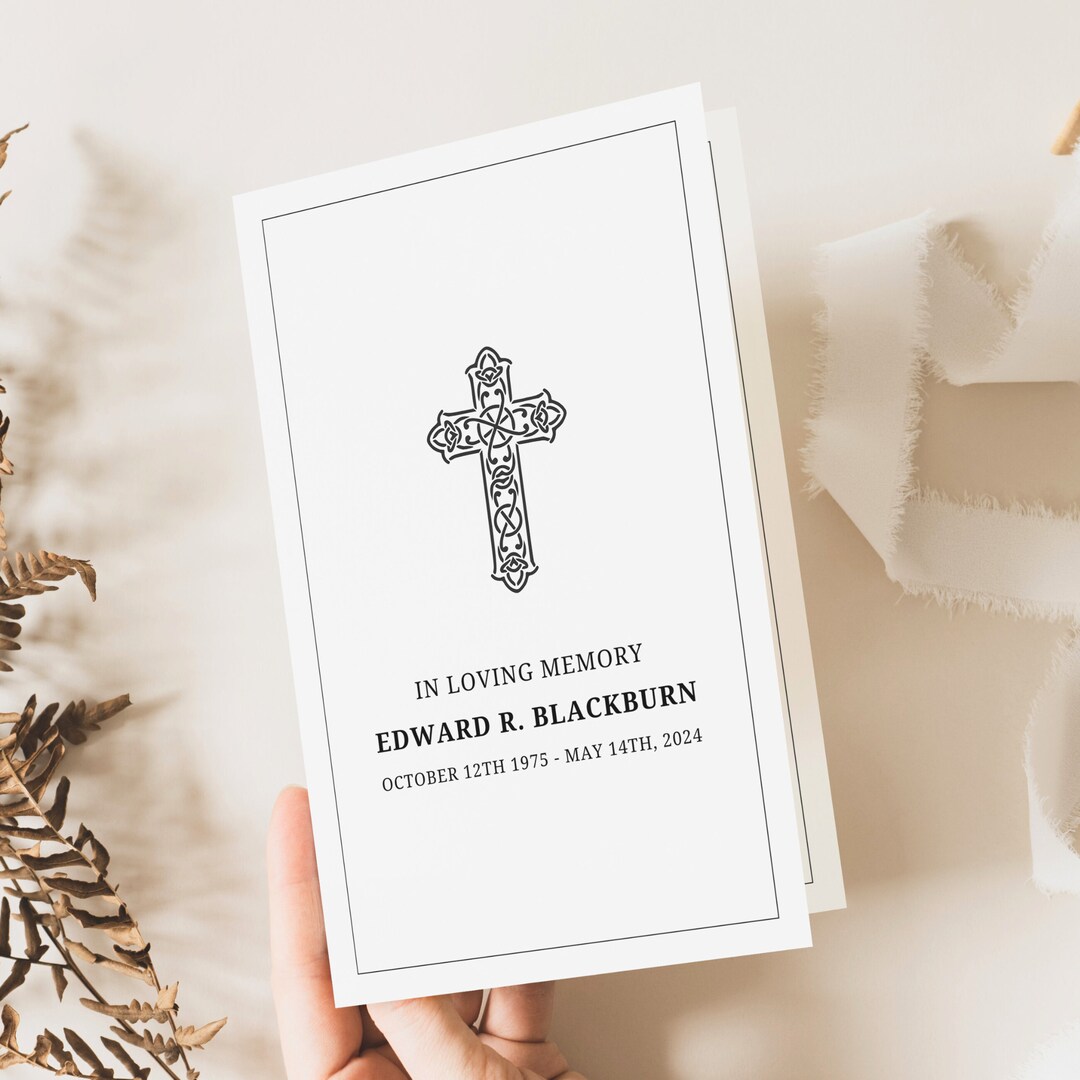 Catholic Cross Funeral Program, Minimal Obituary Template, Editable ...