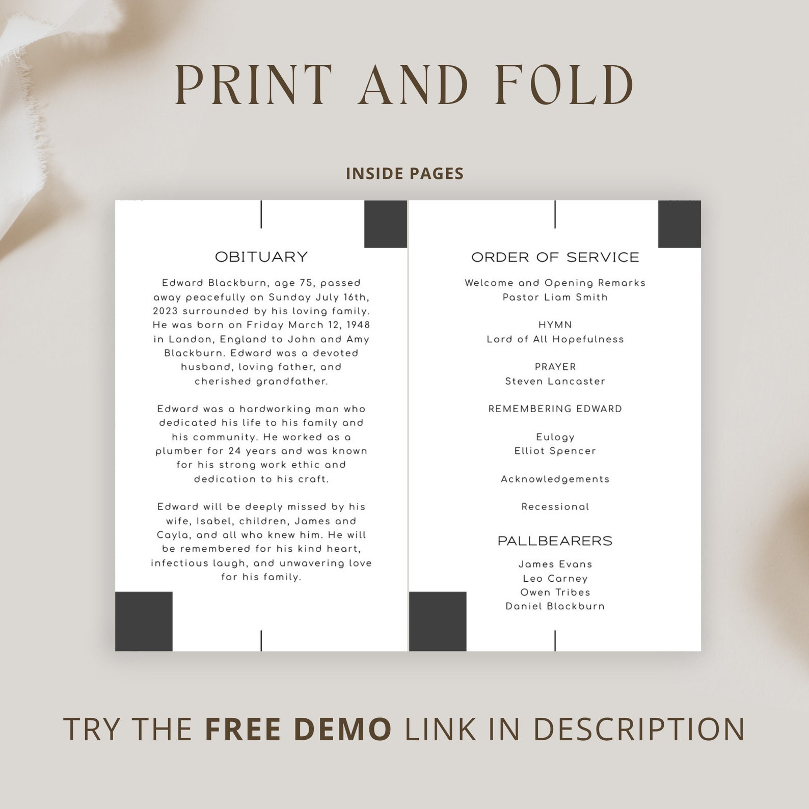 Funeral Program Template for Man With Photo, Masculine Order of Service ...