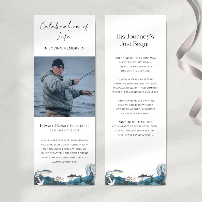 Fishing Funeral Bookmark Template, Editable Memorial Service Card ...
