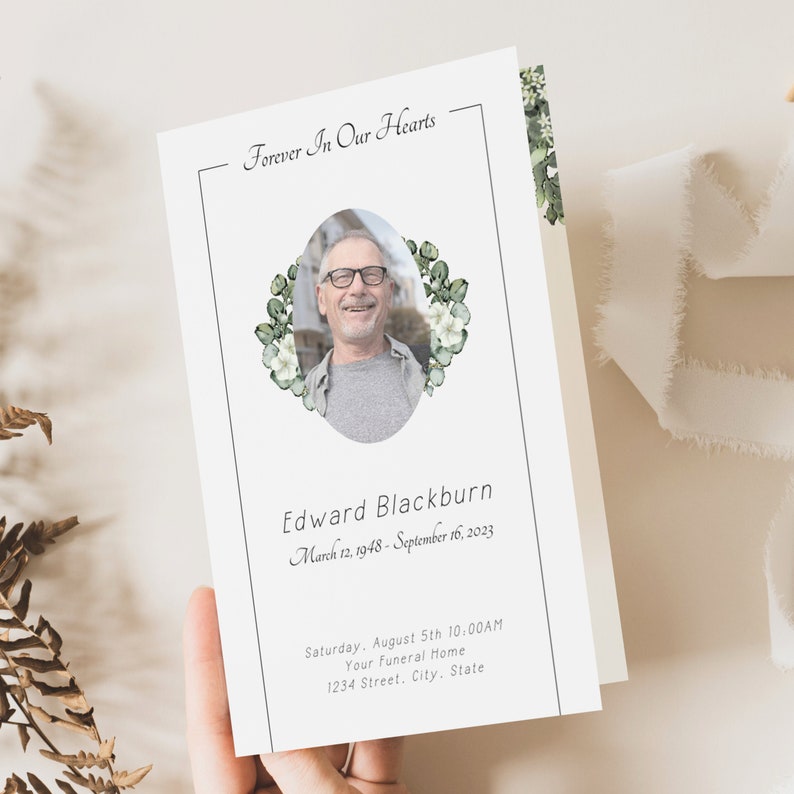 Greenery Funeral Program for Man, Floral Obituary Template, Wake Eulogy ...