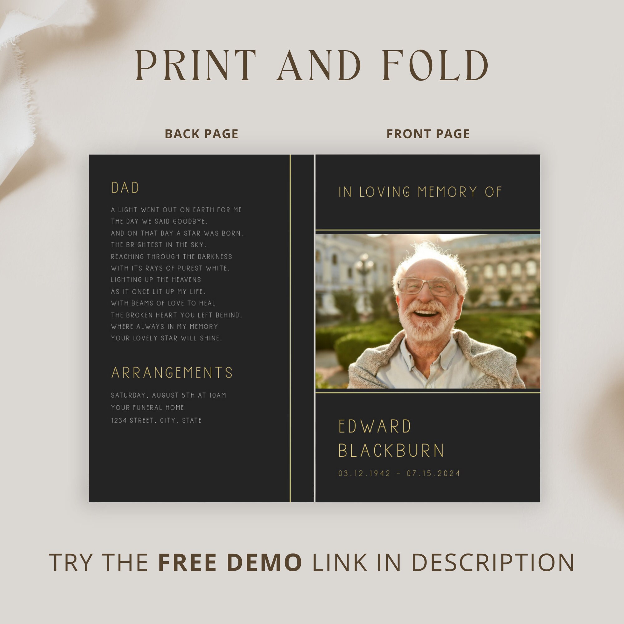 Masculine Funeral Program for Man, Obituary Template, Memorial ...