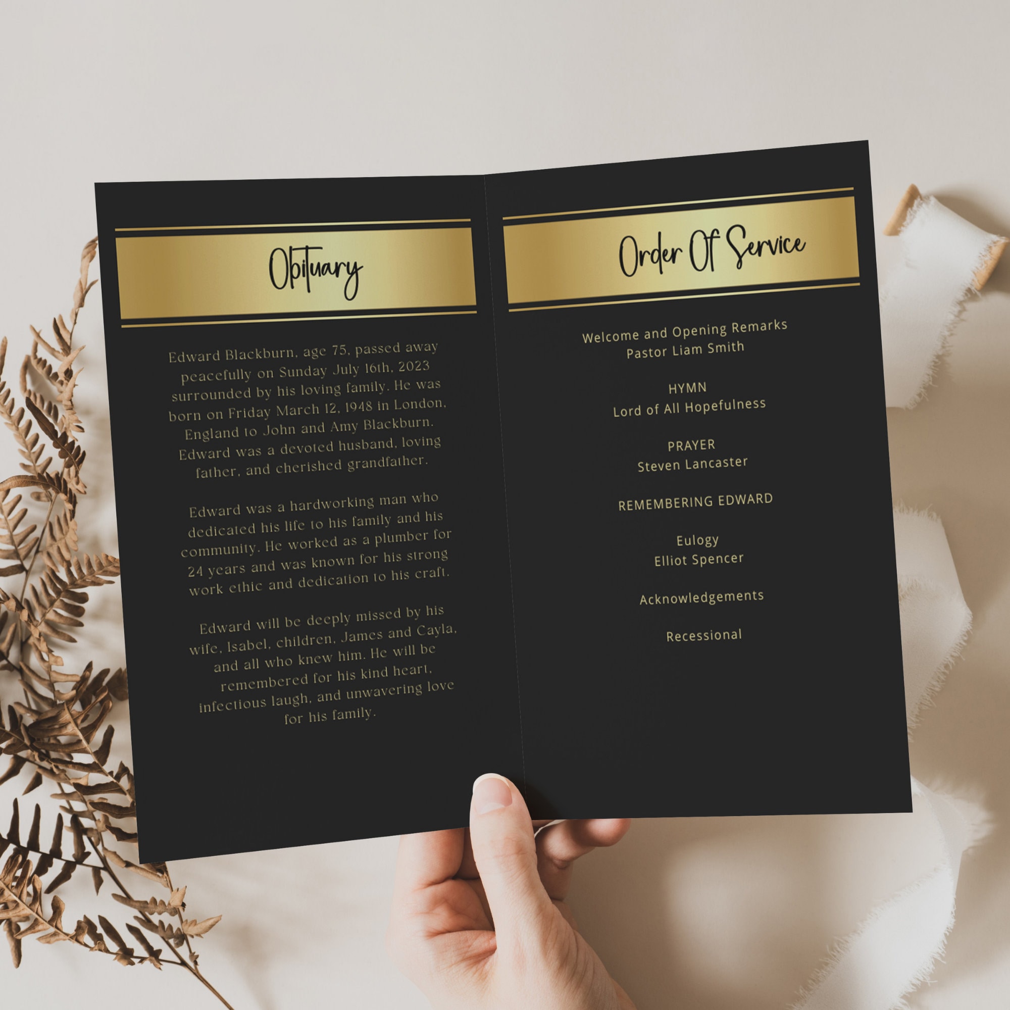 Luxury Funeral Program Template for Man, Black Gold Obituary Template ...
