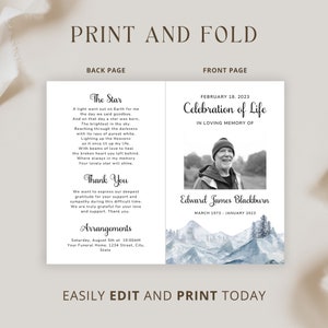 Funeral Program for Man, Obituary Template, Rustic, Outdoors, Mountain ...