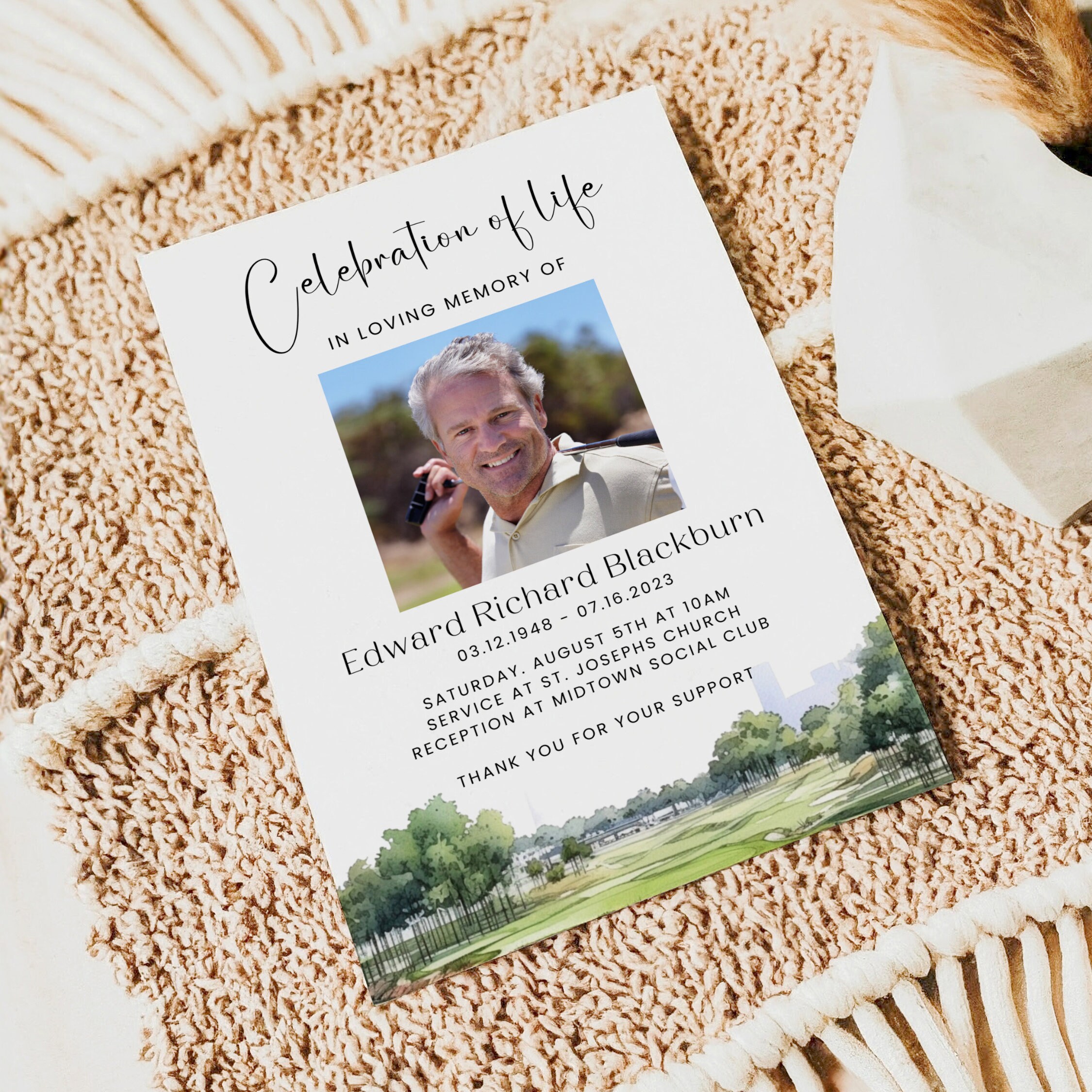 Golfing Funeral Announcement for Man, Outdoors Memorial Invitation ...