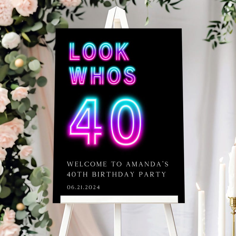 Neon 40th Birthday Party Welcome Sign, Neon Shine Birthday Poster, Any ...
