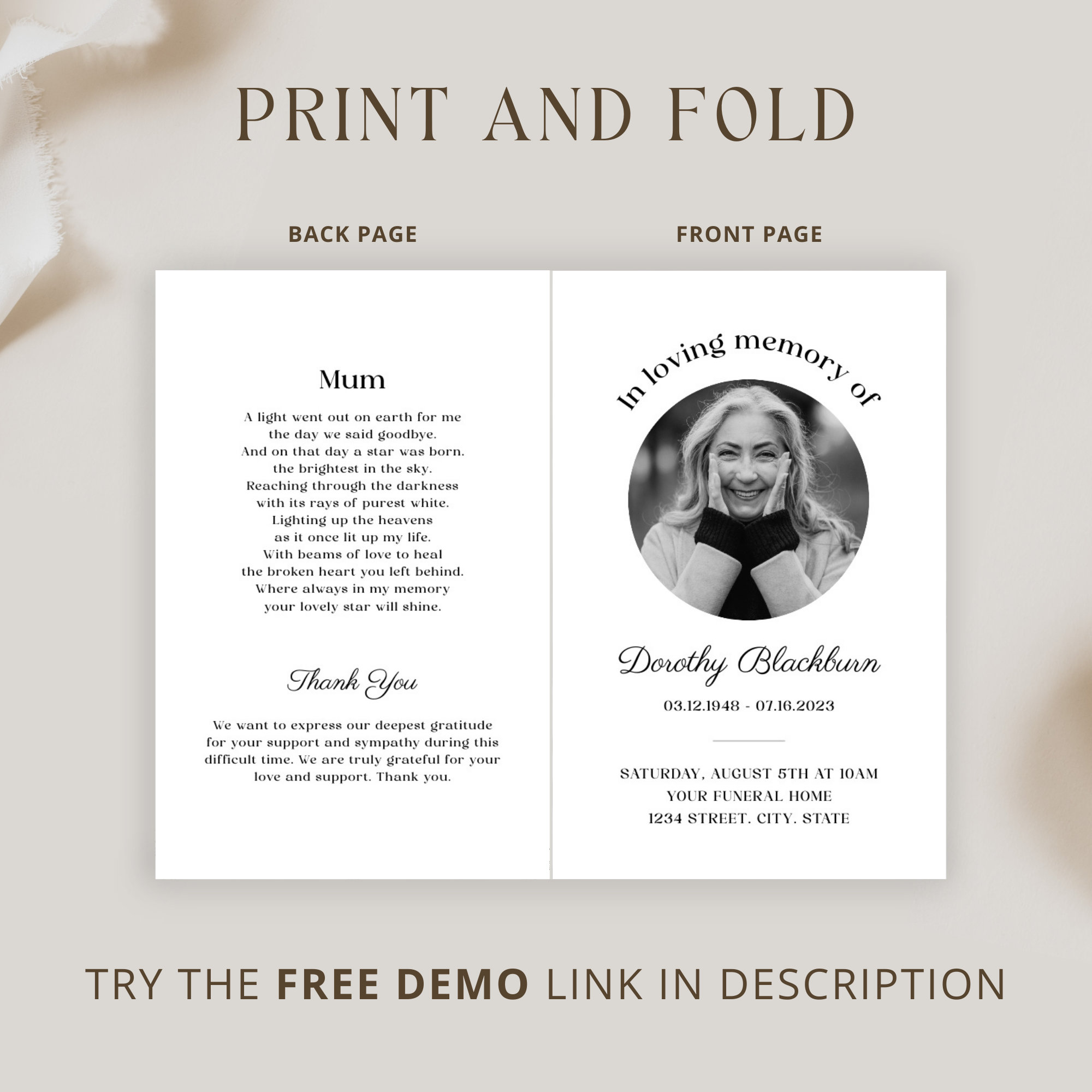 Minimalist Obituary Template for Women, Funeral Program Template ...