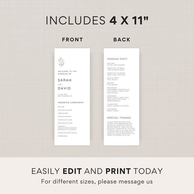 Minimalist Wedding Program 4x9 Greenery Reception Stationary Printable ...