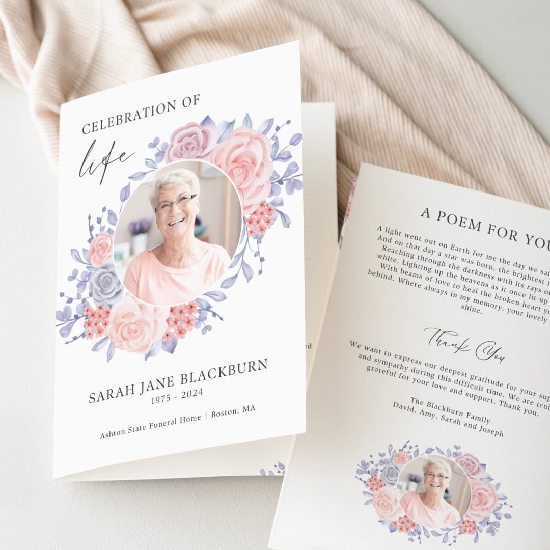Blush Obituary Template for Woman, Floral Funeral Program, Roses ...