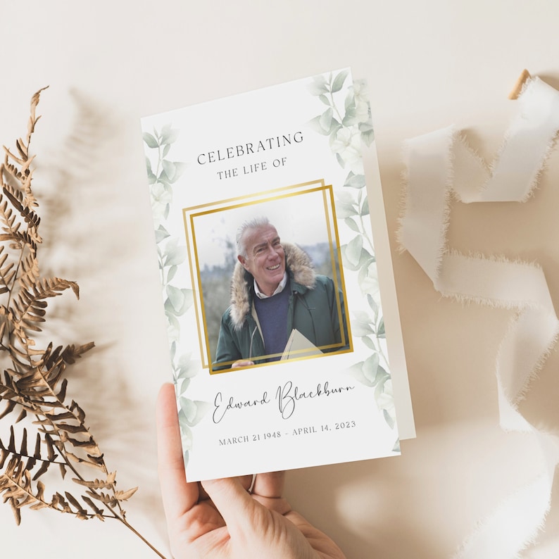 Gold Funeral Program Template Greenery Obituary Template - Etsy