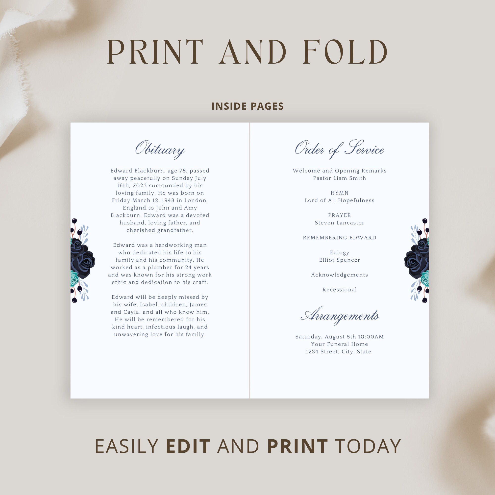 Funeral Program Template for Man, Funeral Pamphlet, Memorial Service ...