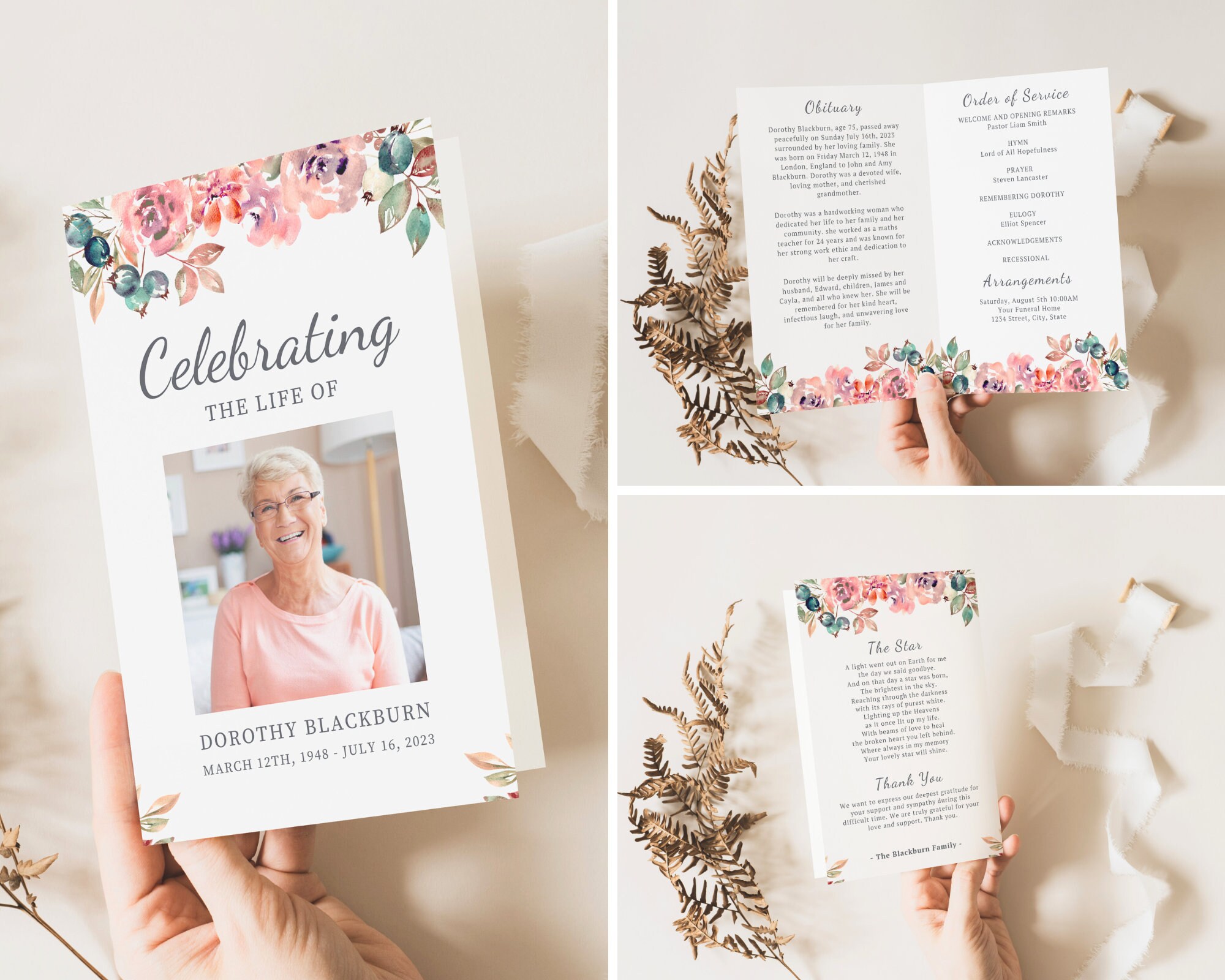 Floral Funeral Program for Woman Greenery Template Order of - Etsy