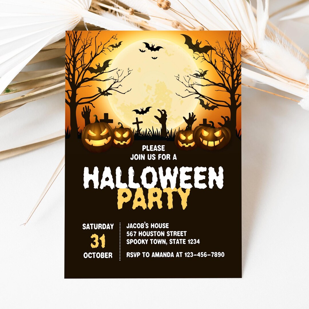 Graveyard Halloween Invitation Template, Jack O'lantern Invite, Neon ...