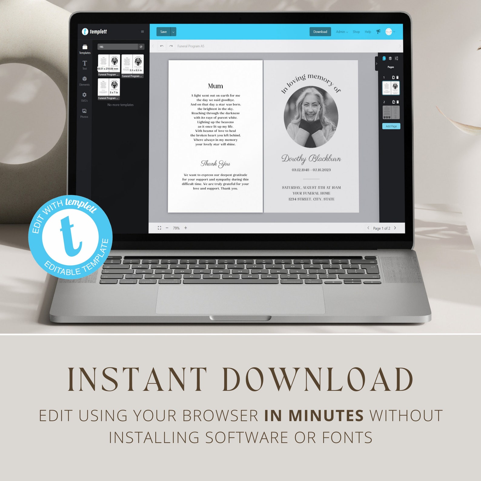 Minimalist Obituary Template for Women, Funeral Program Template ...