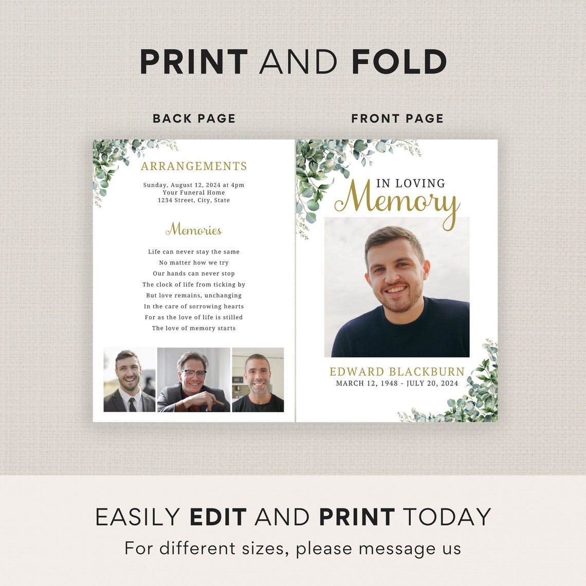 Floral Funeral Program Template for Man, Memorial Service Brochure ...