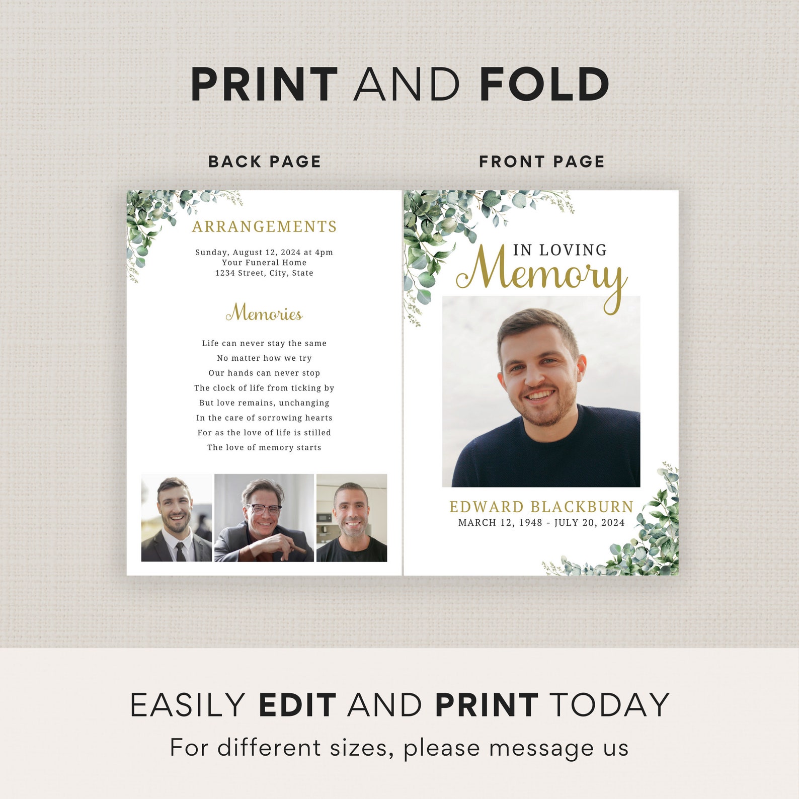 Floral Funeral Program Template for Man, Memorial Service Brochure ...