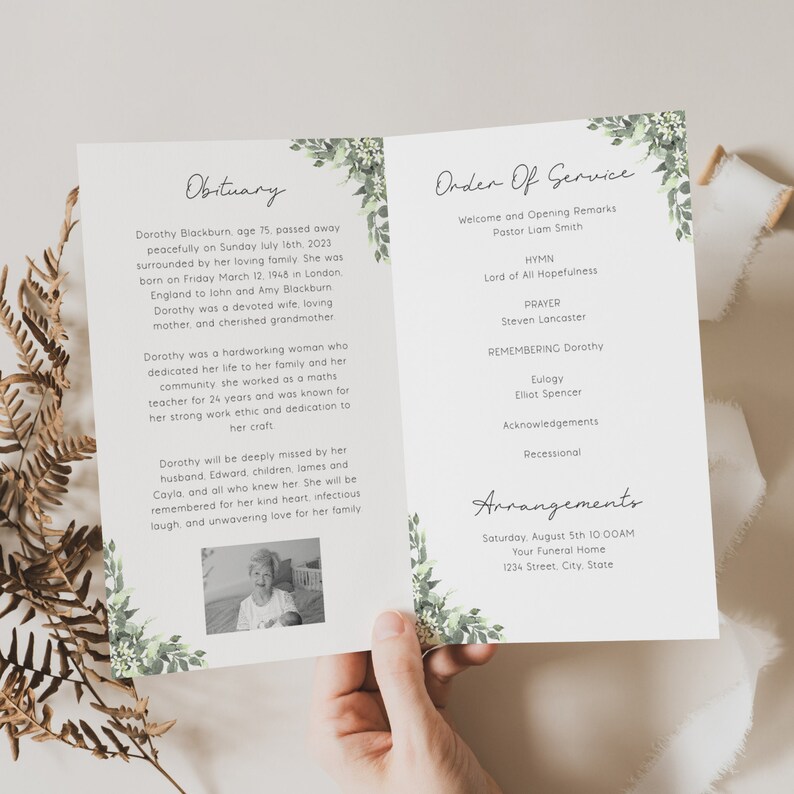Greenery Funeral Program Template, Floral Memorial Service Booklet ...